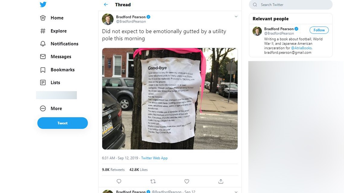 Philadelphia utility pole writes its own obituary | 9news.com