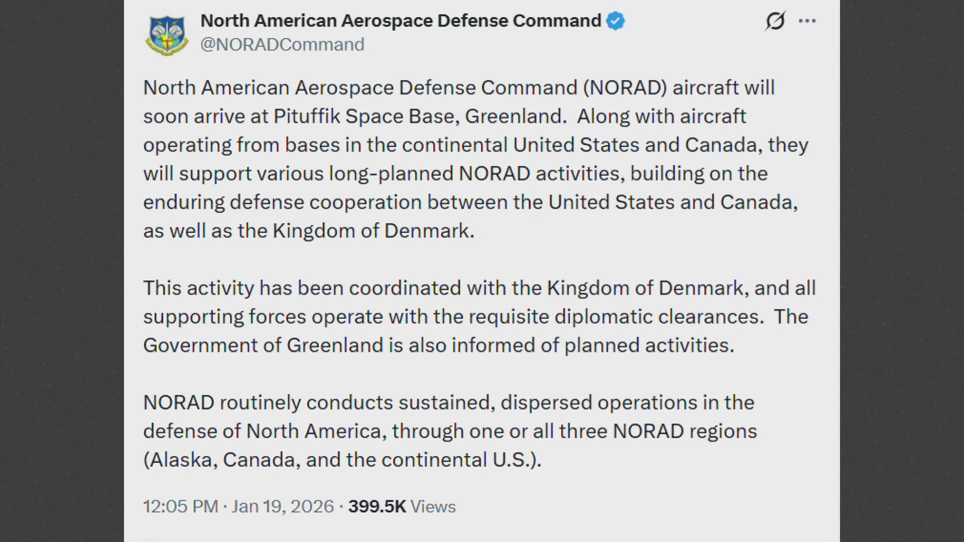 NORAD announces it's not invading Greenland today | 9news.com