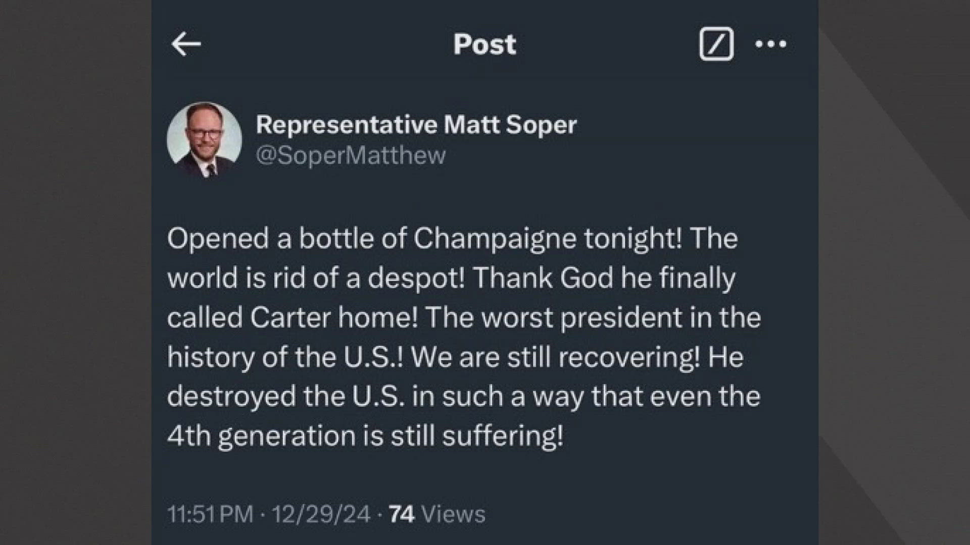 Colorado Rep. apologizes after post celebrating the death of Jimmy Carter | 9news.com