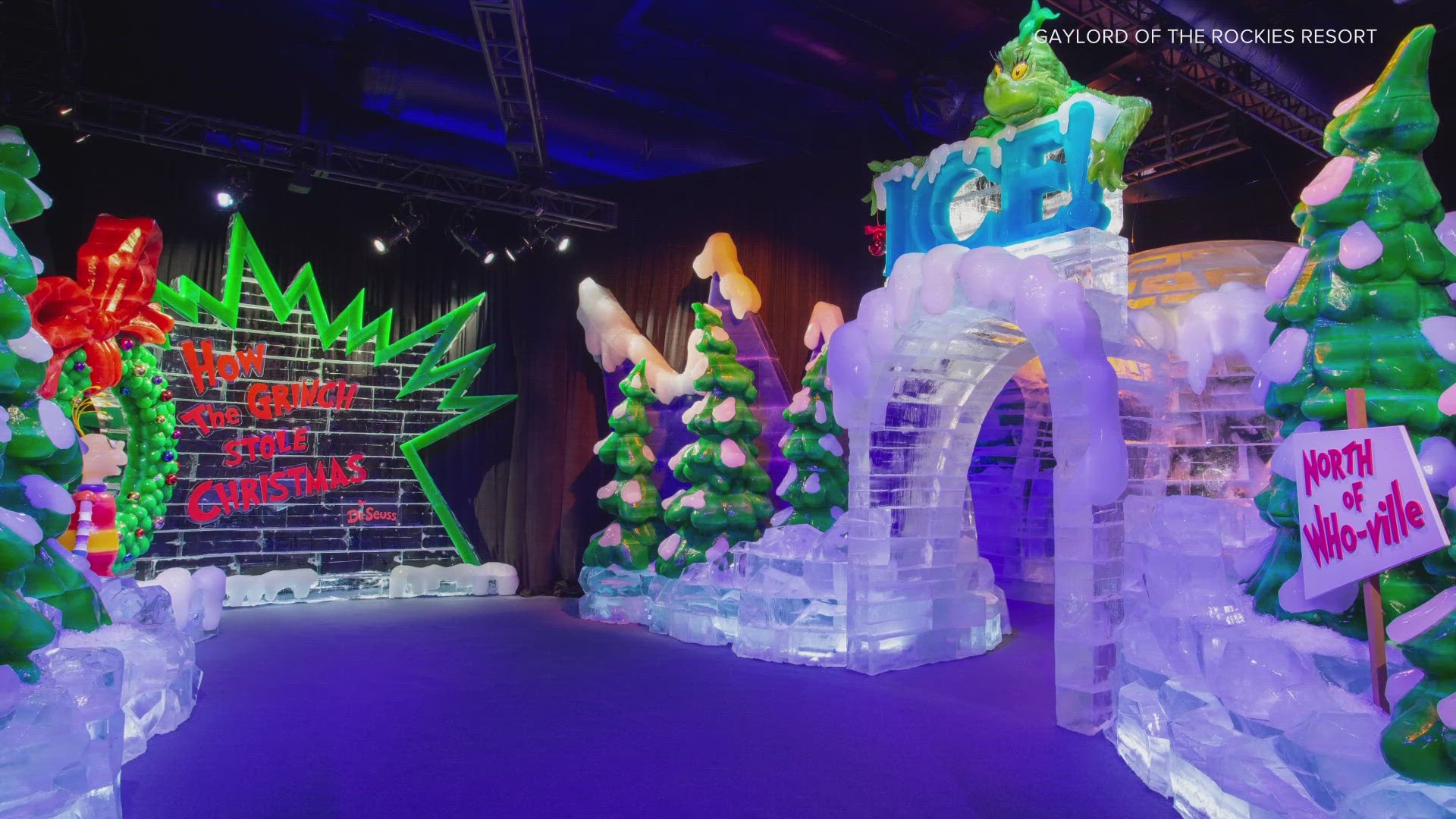 Ice sculpture display featuring the Grinch opening at Gaylord Rockies ...