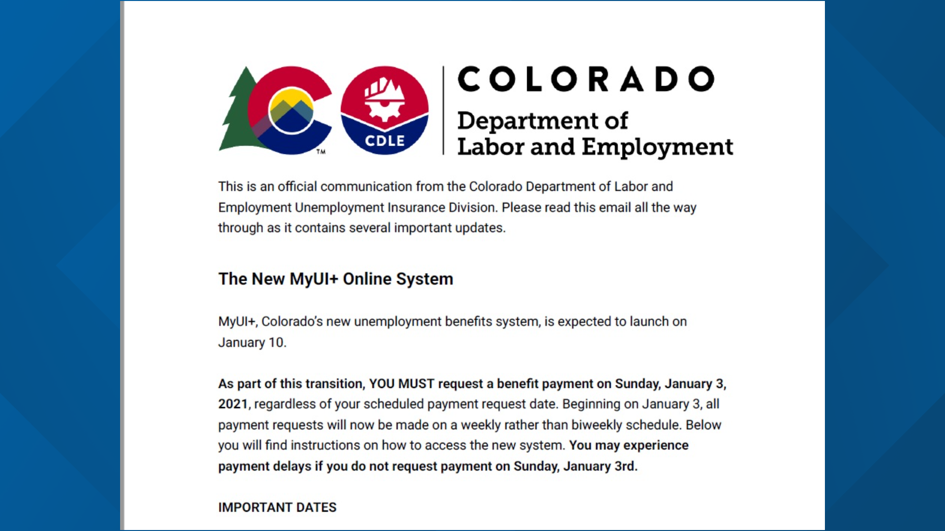 Colorado labor department sends message in error to claimants | 9news.com