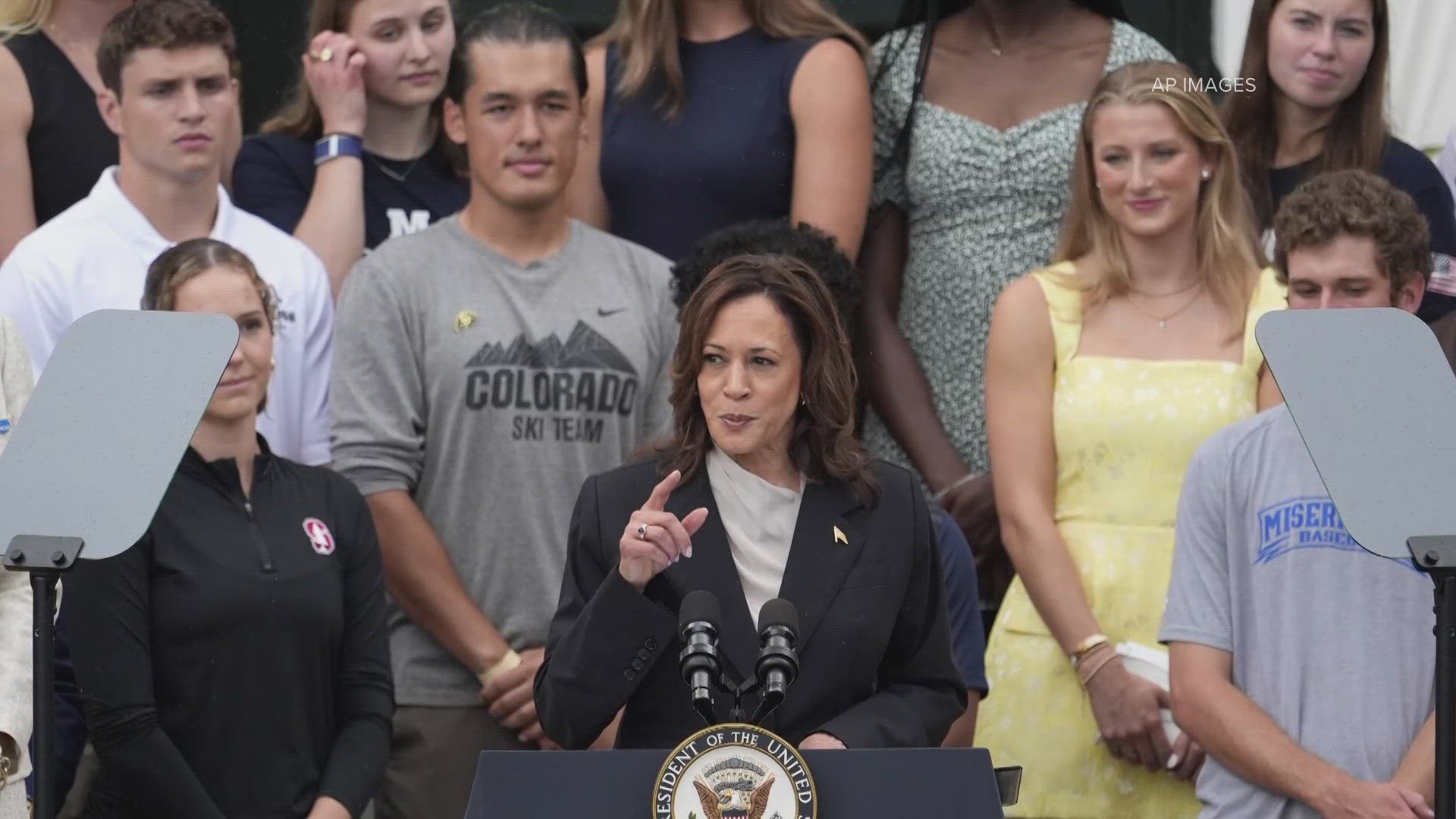 CU Boulder athlete spotted behind Kamala Harris during news conference ...