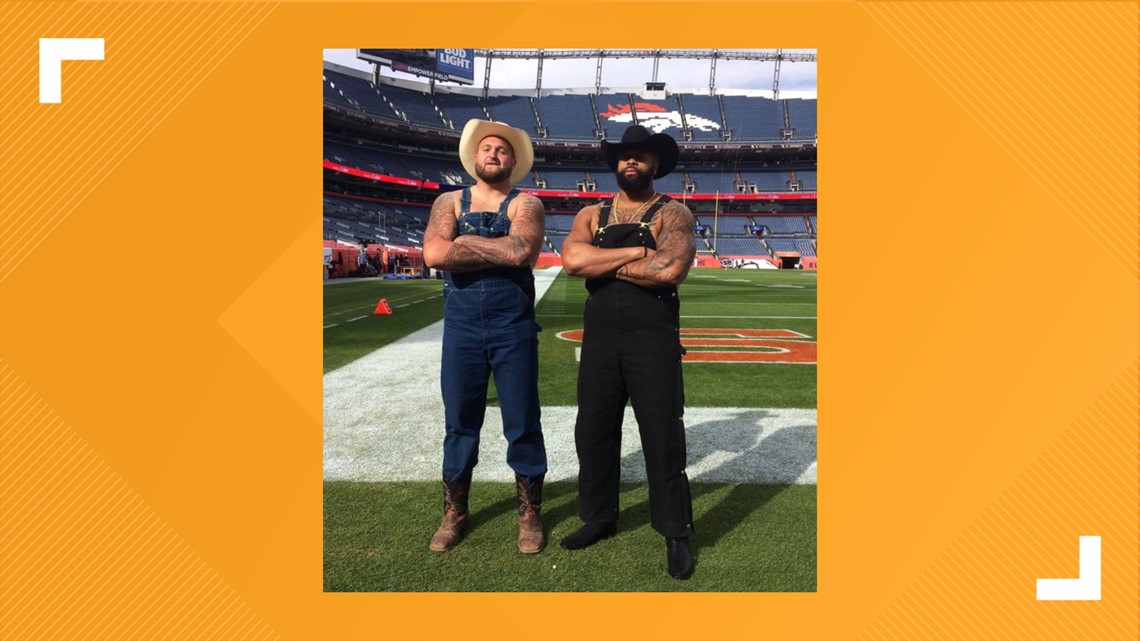 Broncos Dalton Risner, Ron Leary wear overalls to pregame | 9news.com