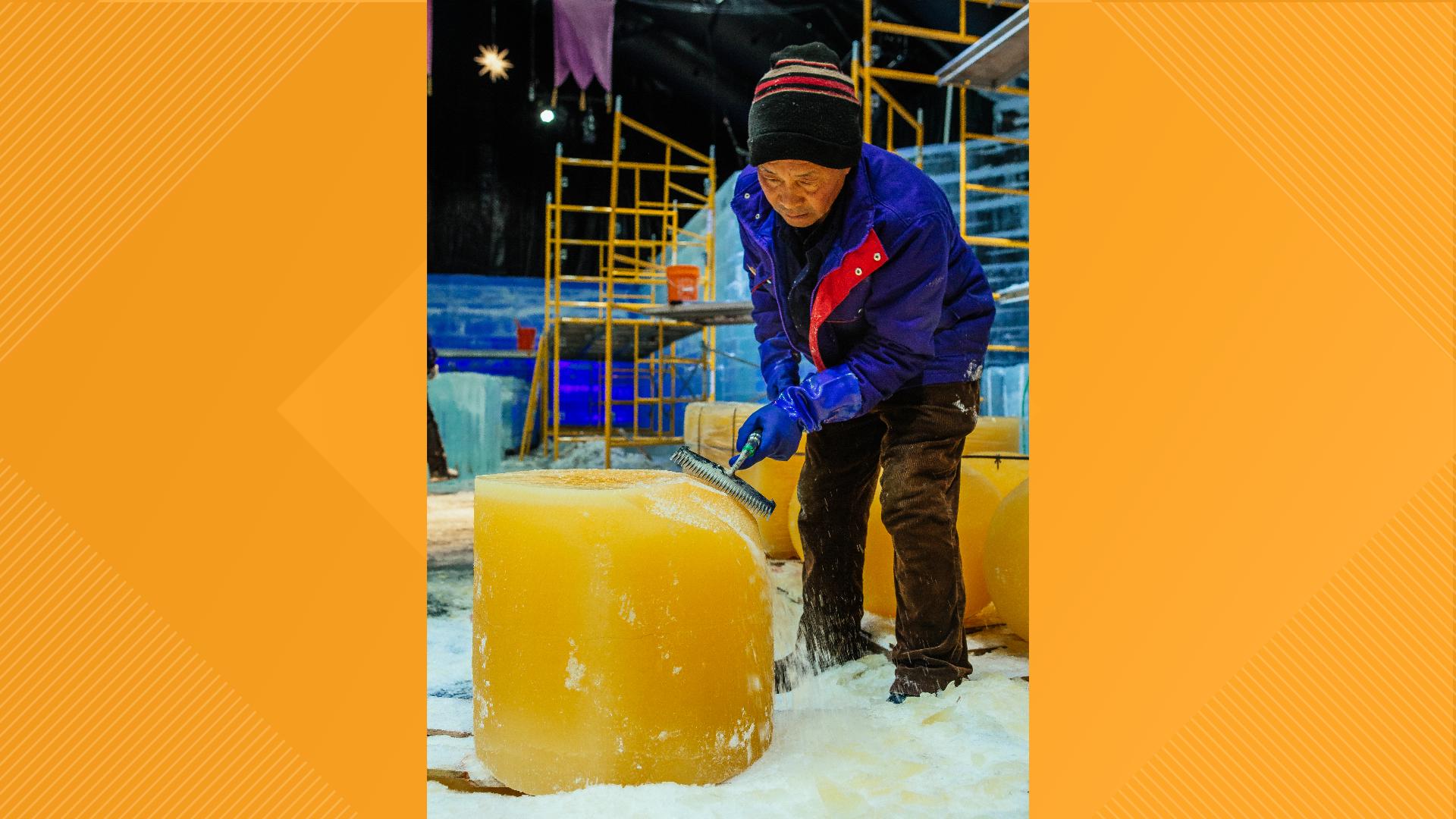 Ice artisans begin carving 'Polar Express' exhibition in Aurora | 9news.com
