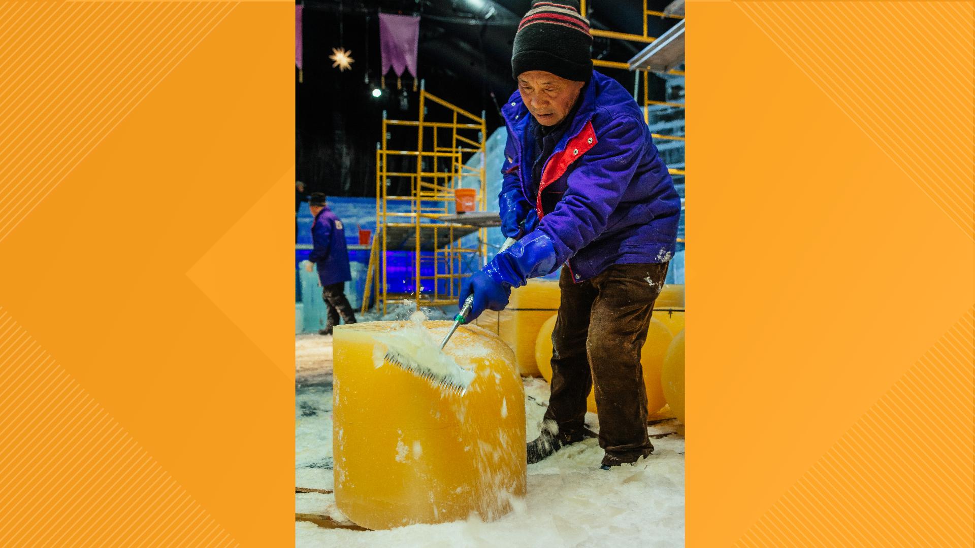 Ice artisans begin carving 'Polar Express' exhibition in Aurora | 9news.com