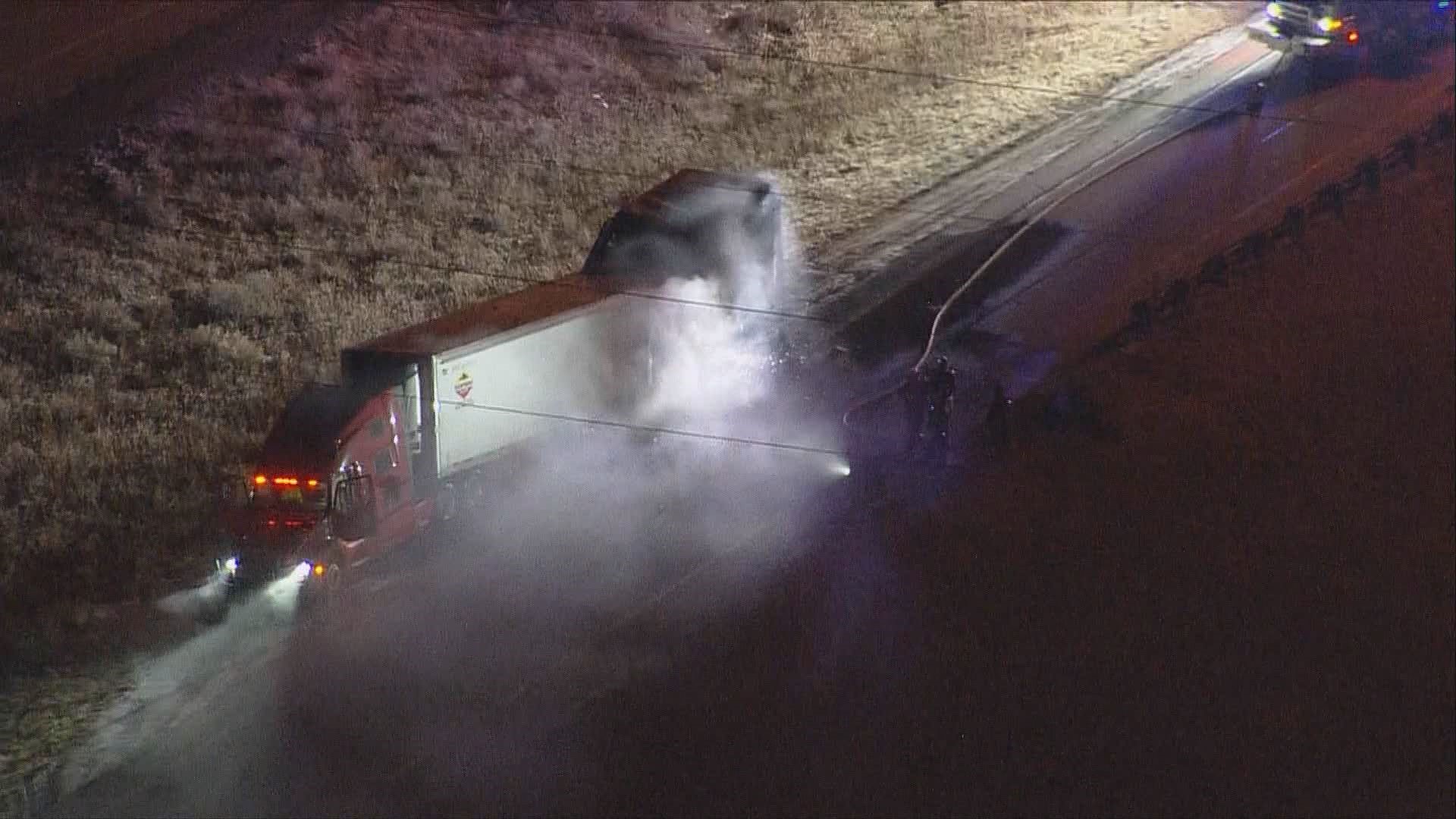 Potato-filled semi truck catches fire in Colorado | 9news.com