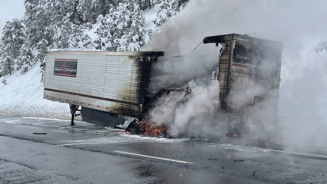 Semi trailer catches fire on Interstate 70 near Evergreen | 9news.com