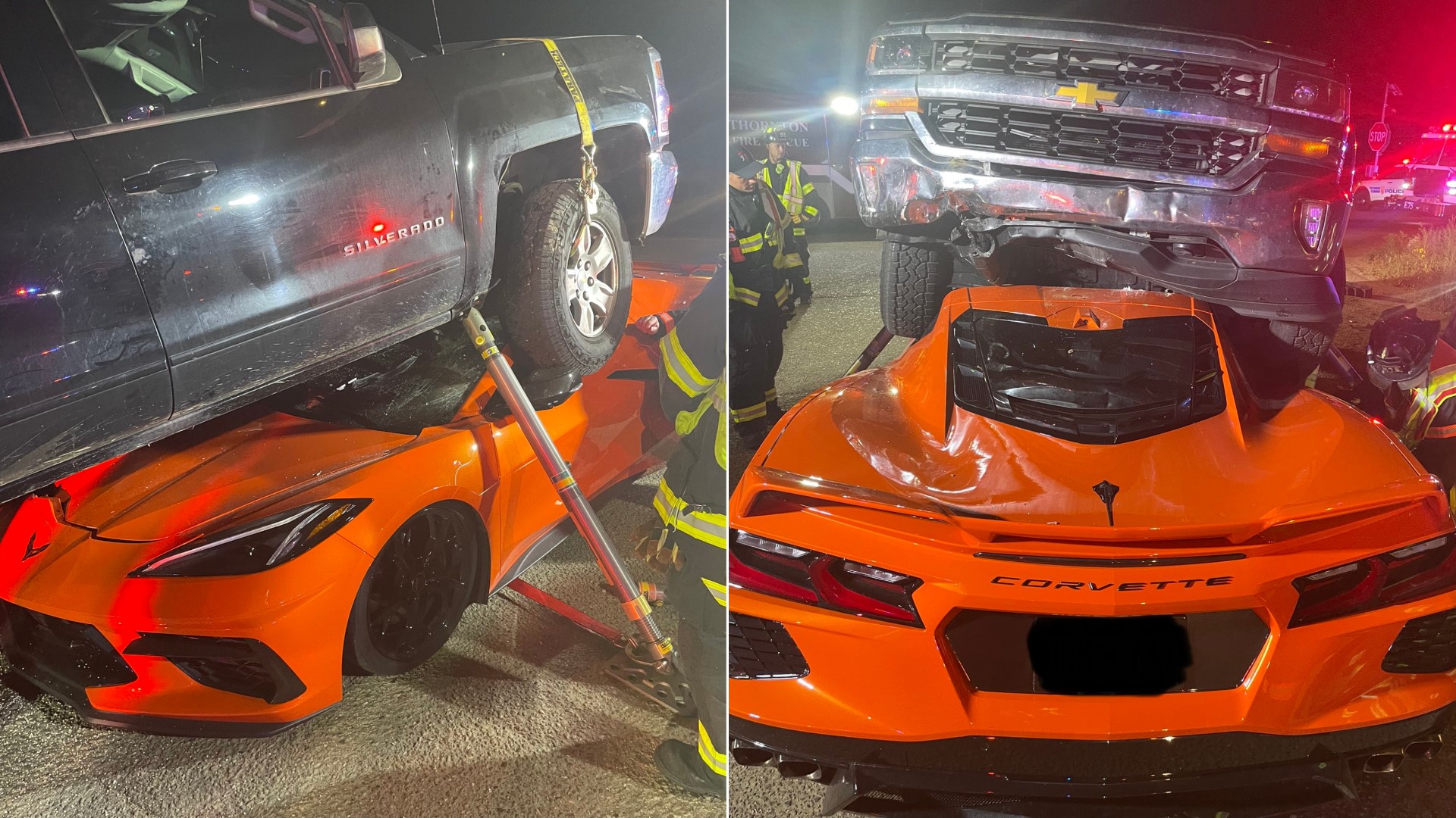 Silverado truck drives over Corvette in traffic accident | 9news.com