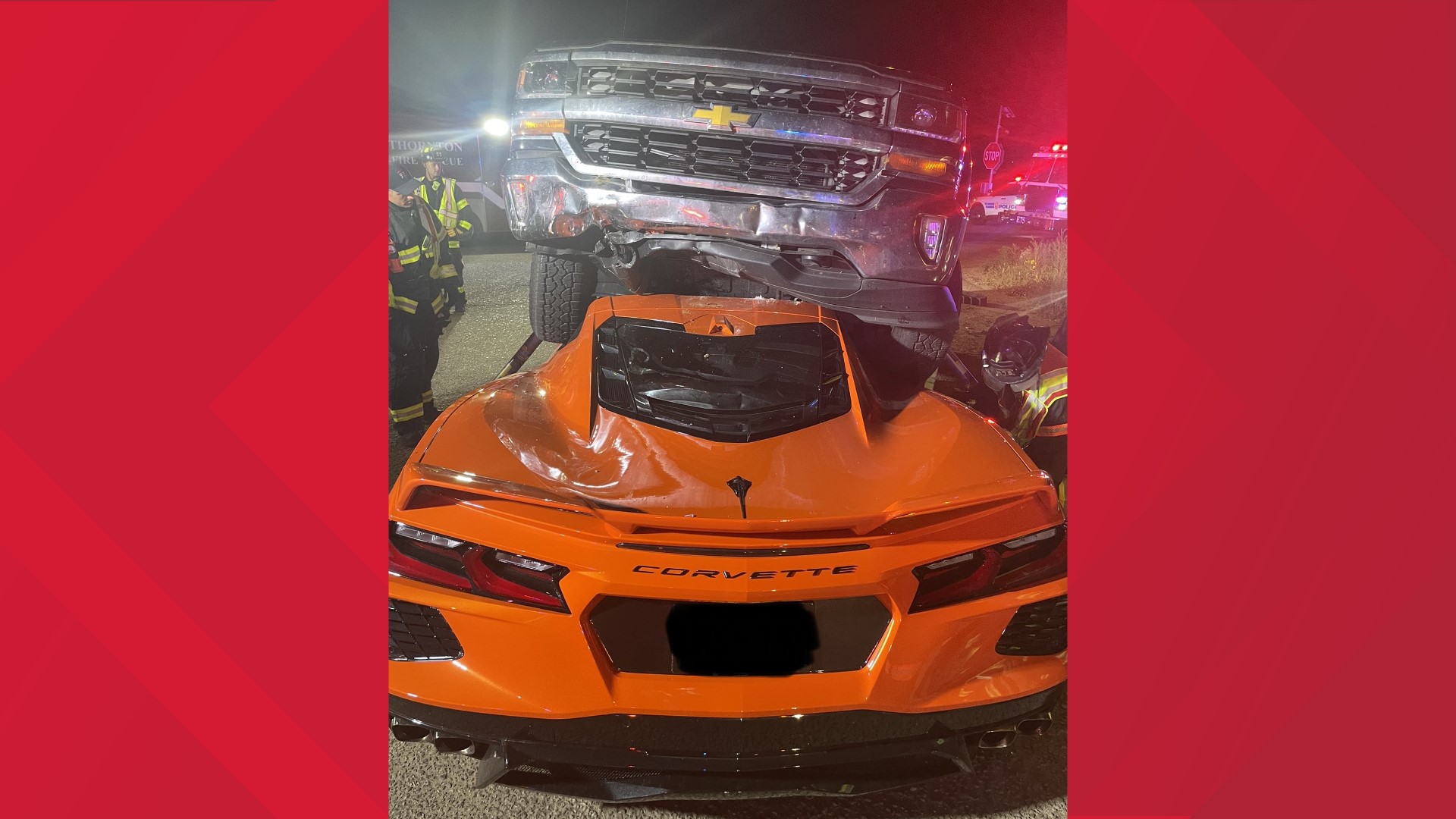 Silverado truck drives over Corvette in traffic accident | 9news.com