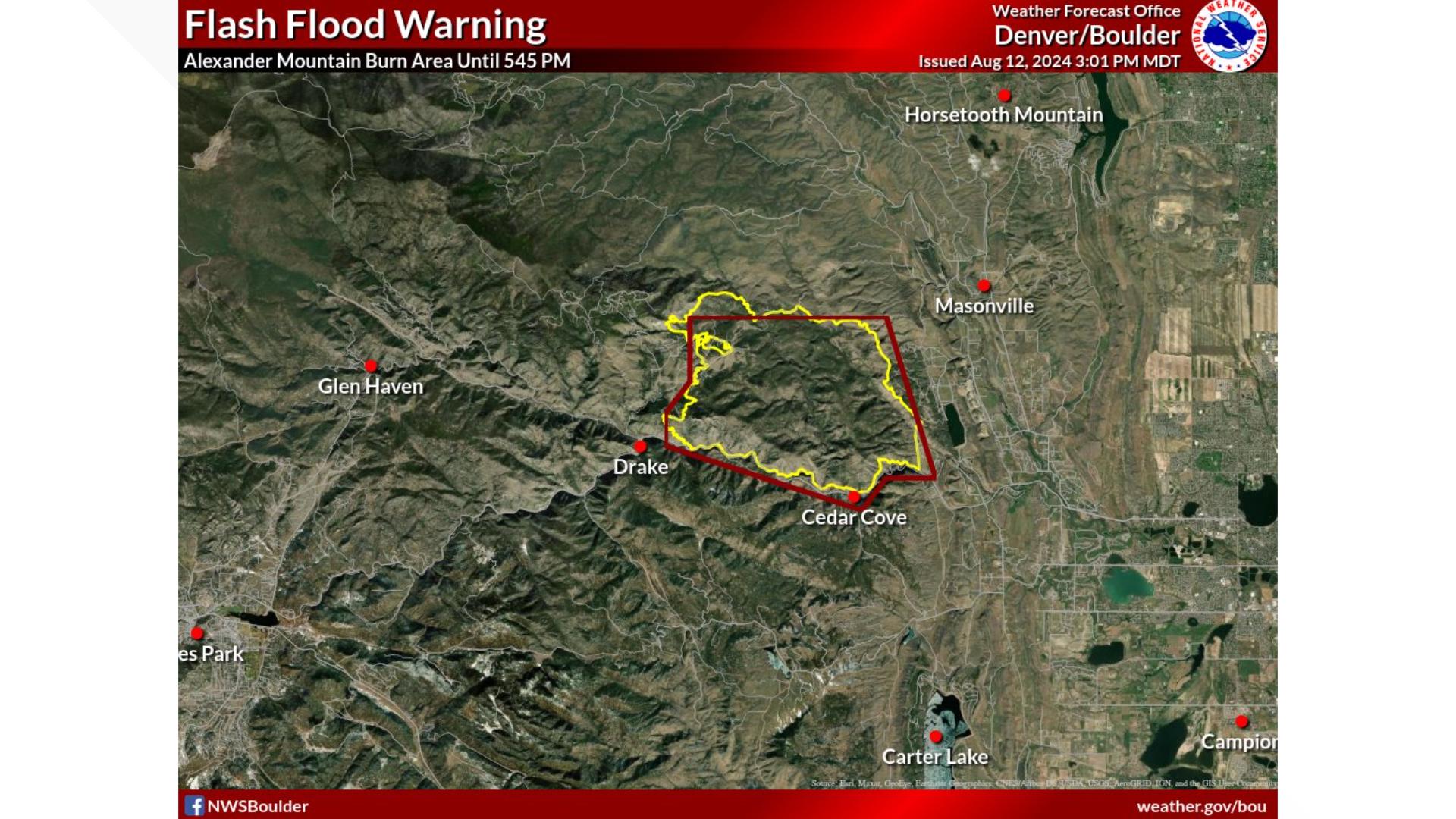 Flash flood warning for Alexander Mountain Fire burn scar | 9news.com