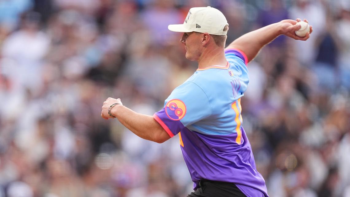 Bo Nix fires perfect strike with ceremonial first pitch at Rockies game ...