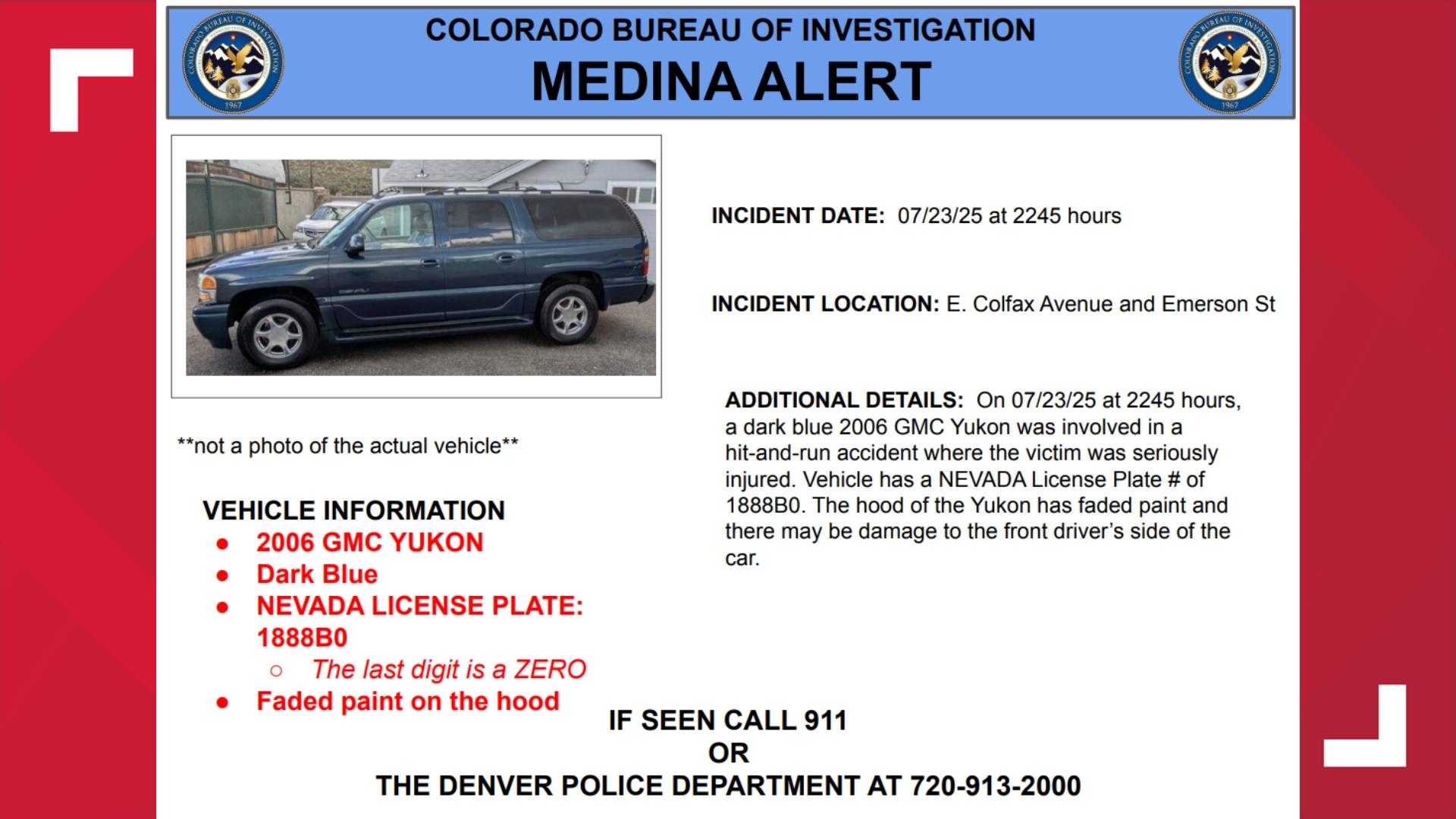 Medina Alert: Search for GMC Yukon after Denver hit-and-run | 9news.com