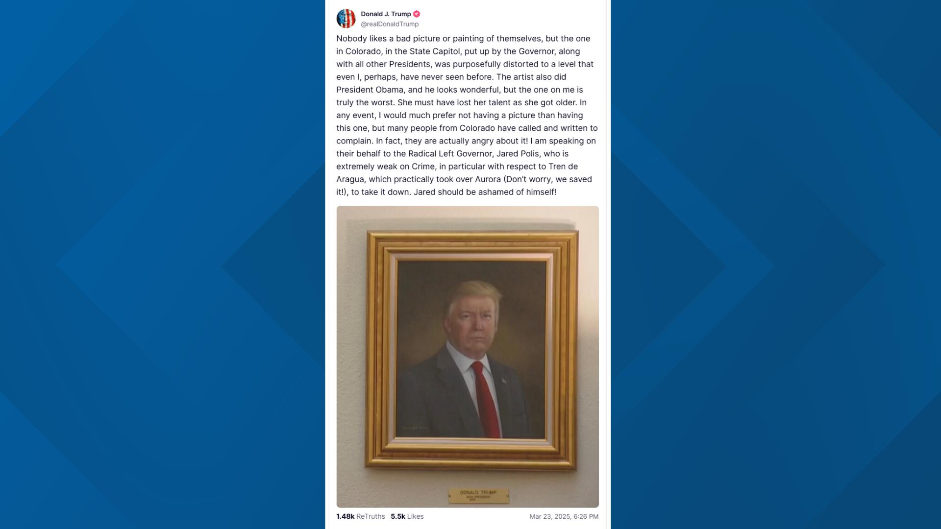 Portrait that Trump called 'distorted' to be removed from Colorado ...