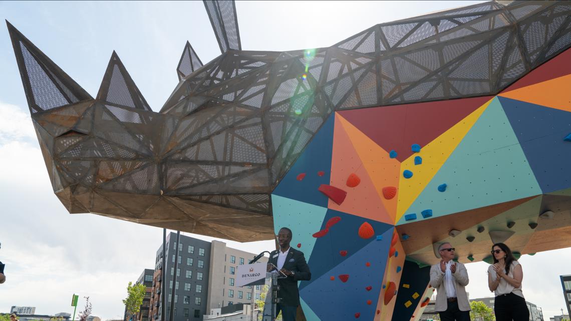 30-Foot climbable Rhino unveiled at Denver's Denargo Market | 9news.com