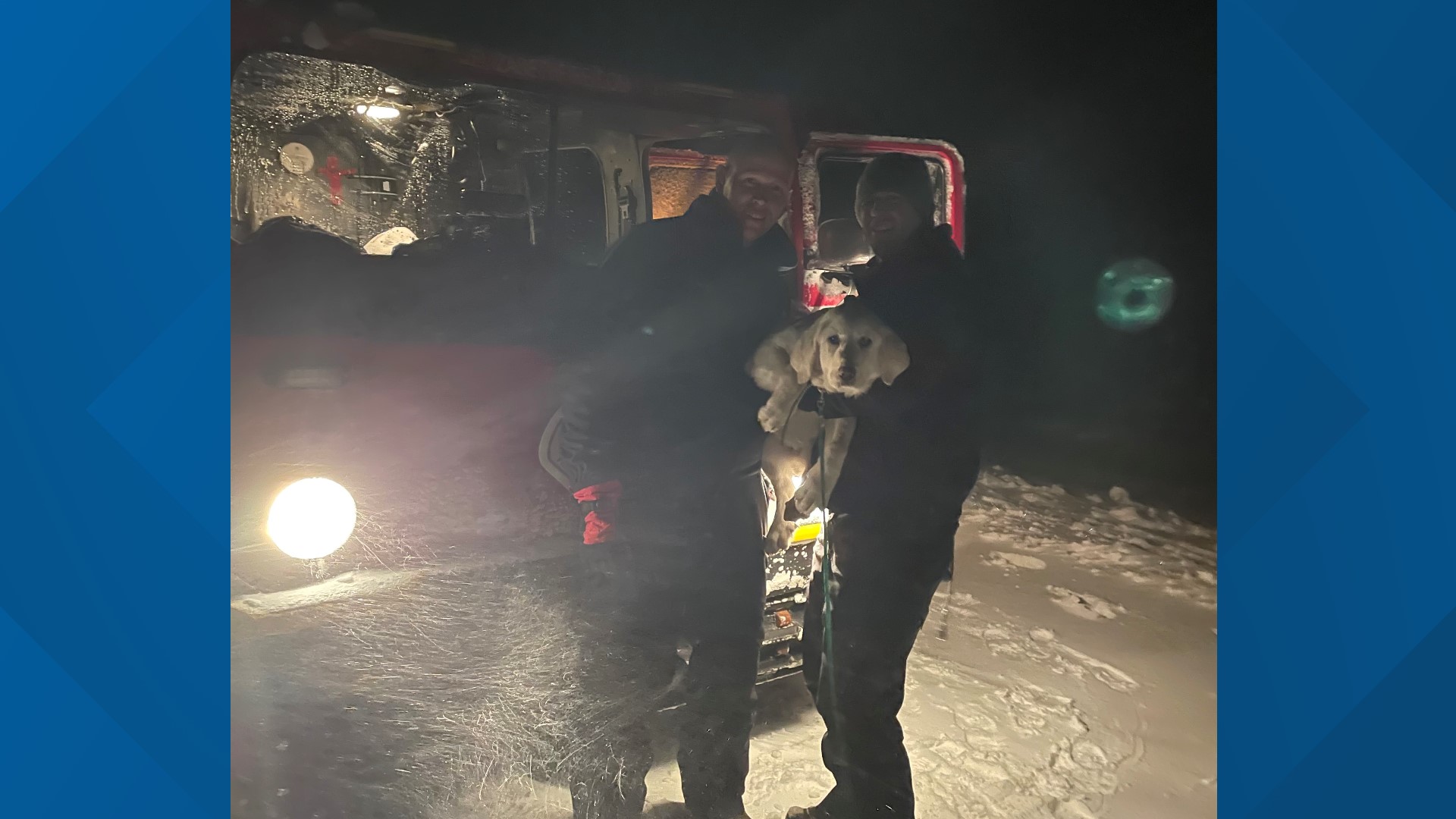 Pup gets a lift in Elizabeth Fire's snowcat during blizzard | 9news.com