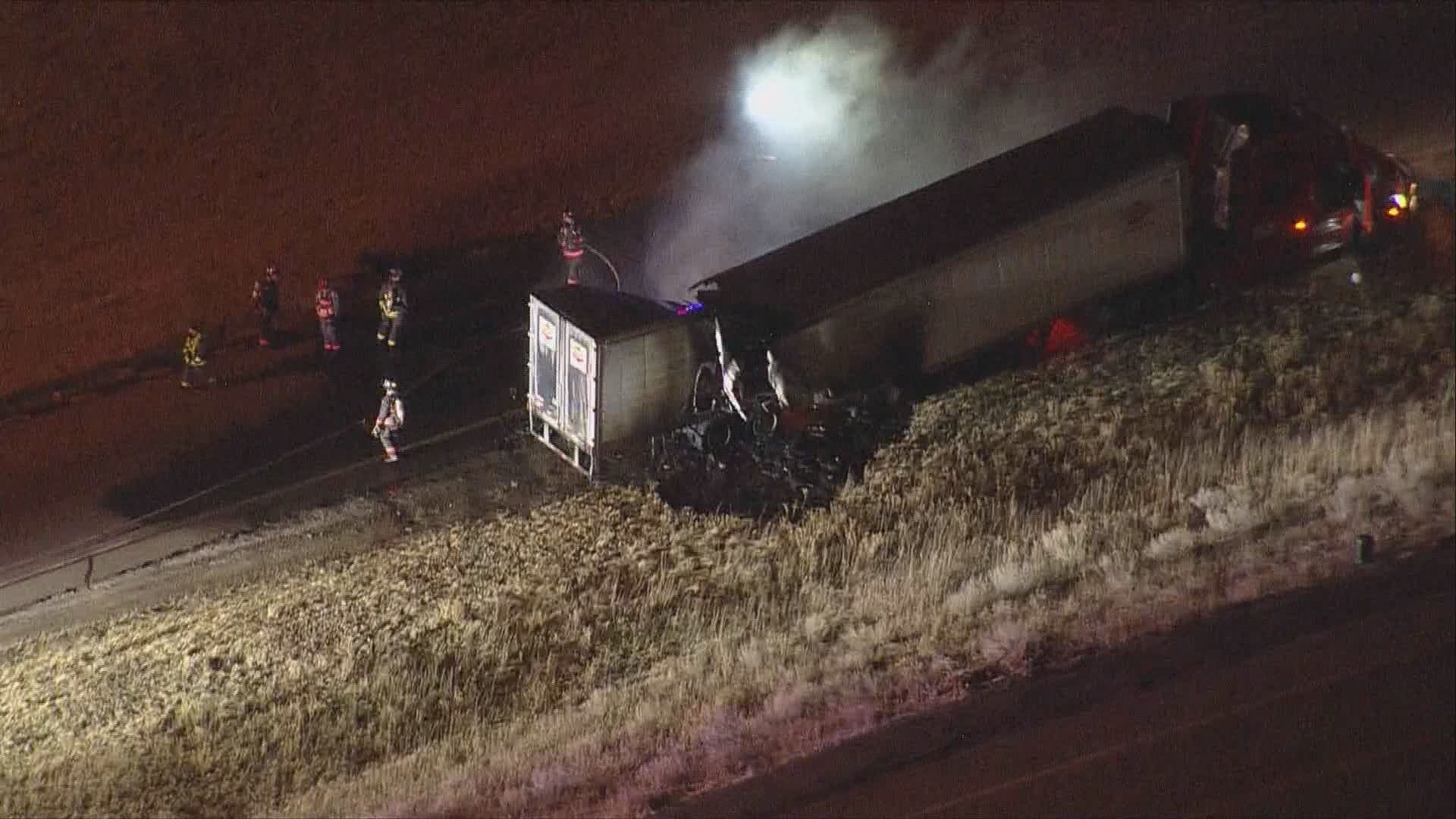 Potato-filled semi truck catches fire in Colorado | 9news.com