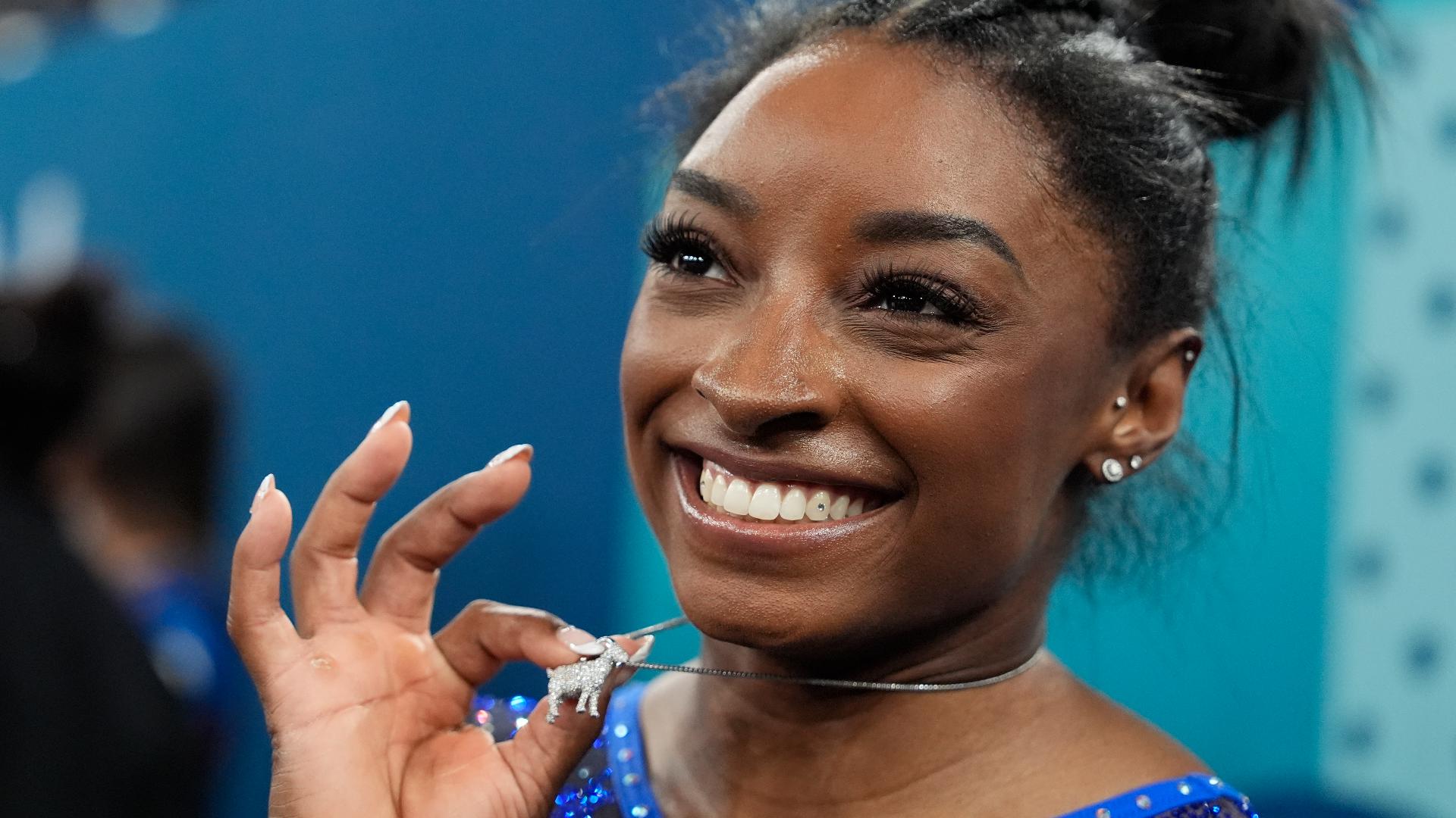 Simone Biles wears goat chain as she won 6th Olympics gold medal ...